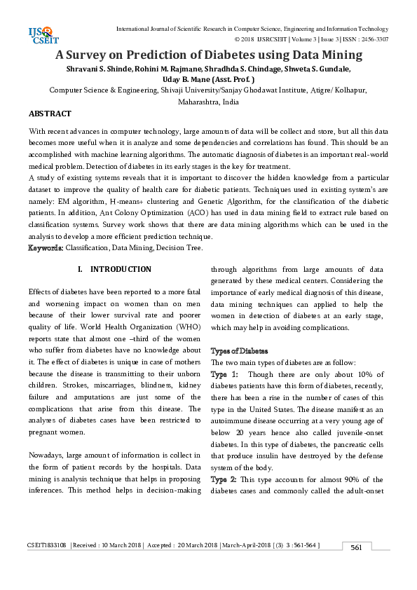 Pdf A Survey On Prediction Of Diabetes Using Data Mining 3437