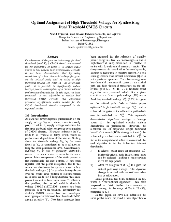 (PDF) Optimal assignment of high threshold voltage for synthesizing dual threshold CMOS circuits