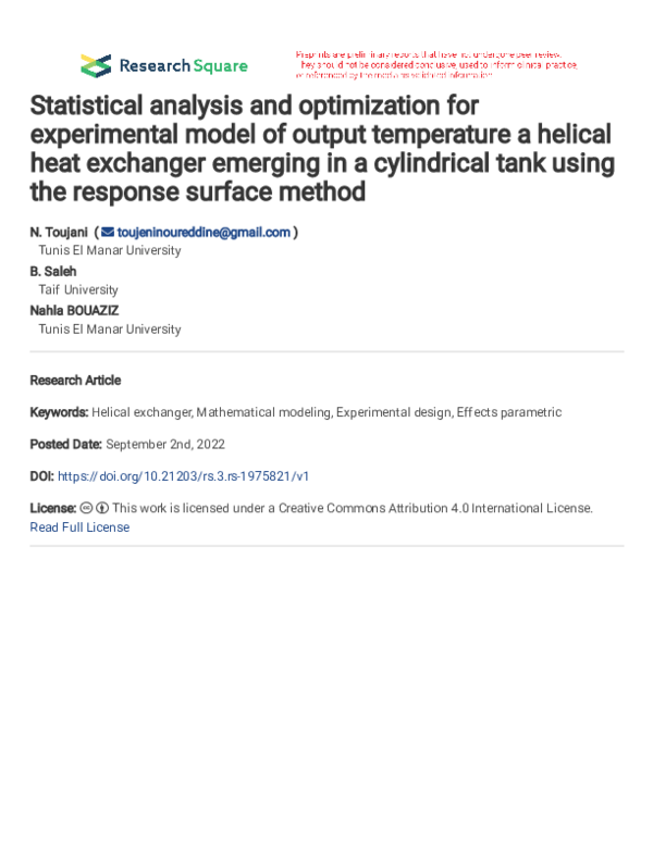 (PDF) Statistical analysis and optimization for experimental model of output temperature a ...
