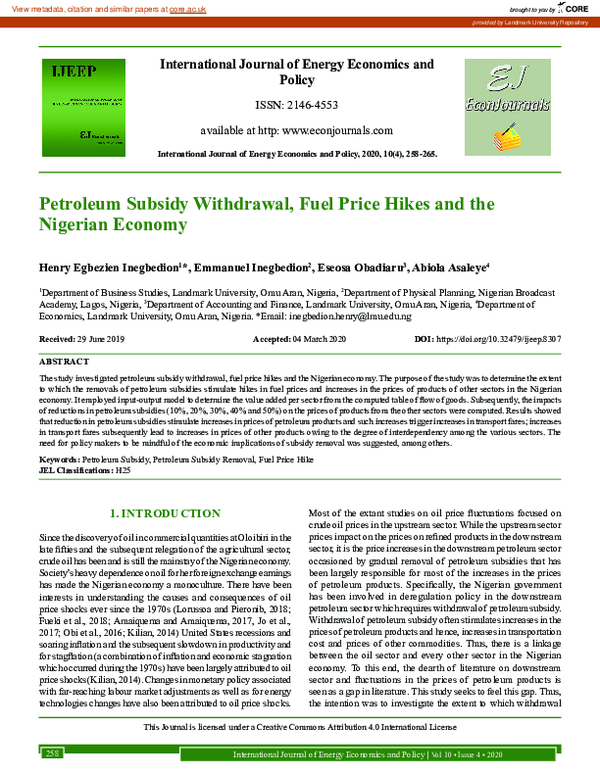 (PDF) Petroleum Subsidy Withdrawal, Fuel Price Hikes and the Nigerian Economy