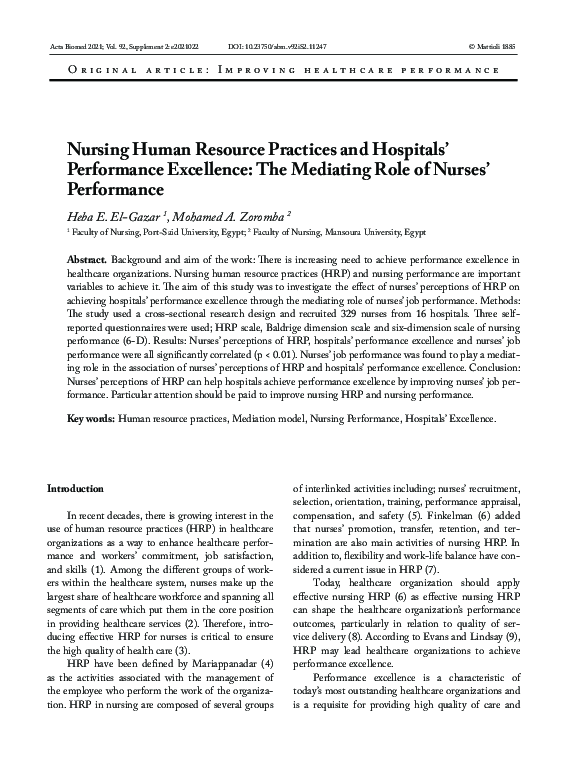 Pdf Nursing Human Resource Practices And Hospitals Performance Excellence The Mediating Role