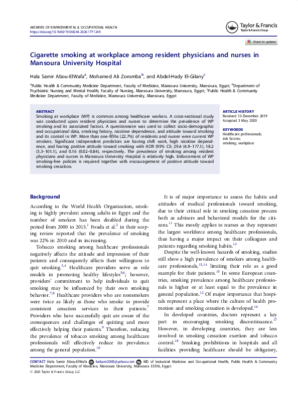 (PDF) Cigarette smoking at workplace among resident physicians and ...