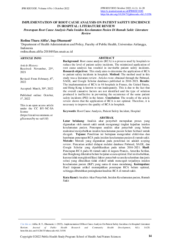 (PDF) Implementation of Root Cause Analysis on Patient Safety Iincidence in Hospital: Literature ...