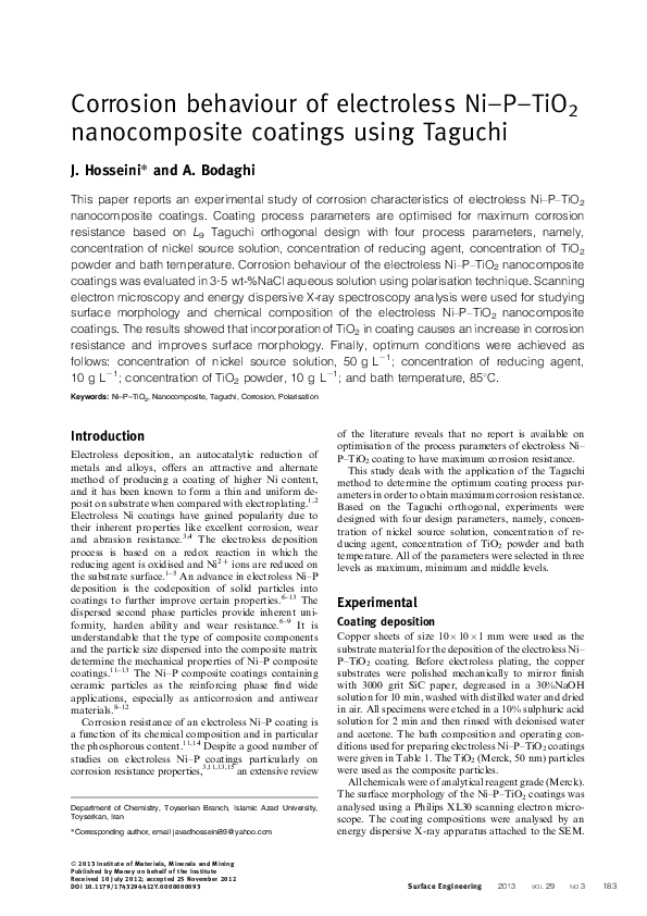 (PDF) Corrosion behaviour of electroless Ni–P–TiO 2 nanocomposite coatings using Taguchi