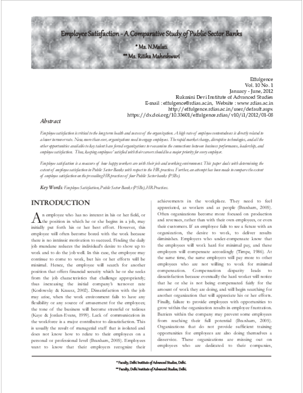 (PDF) Employee Satisfaction - A Comparative Study of Public Sector Banks