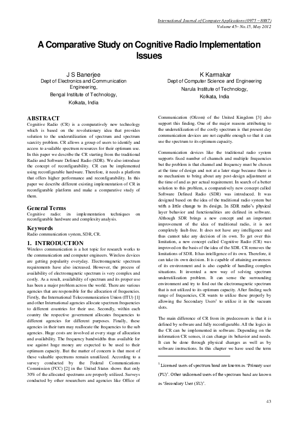 (PDF) A Comparative study on Cognitive Radio Implementation Issues
