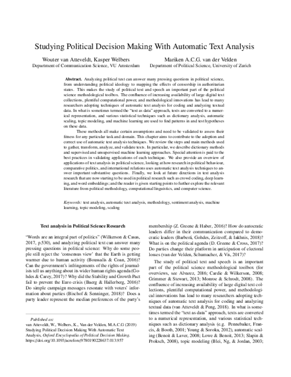 (PDF) Studying Political Decision Making With Automatic Text Analysis