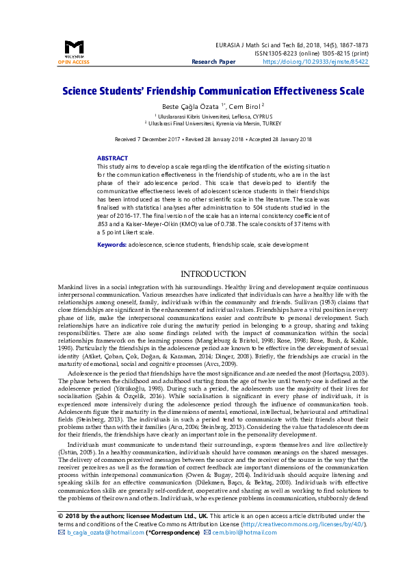 (PDF) Science Students’ Friendship Communication Effectiveness Scale ...