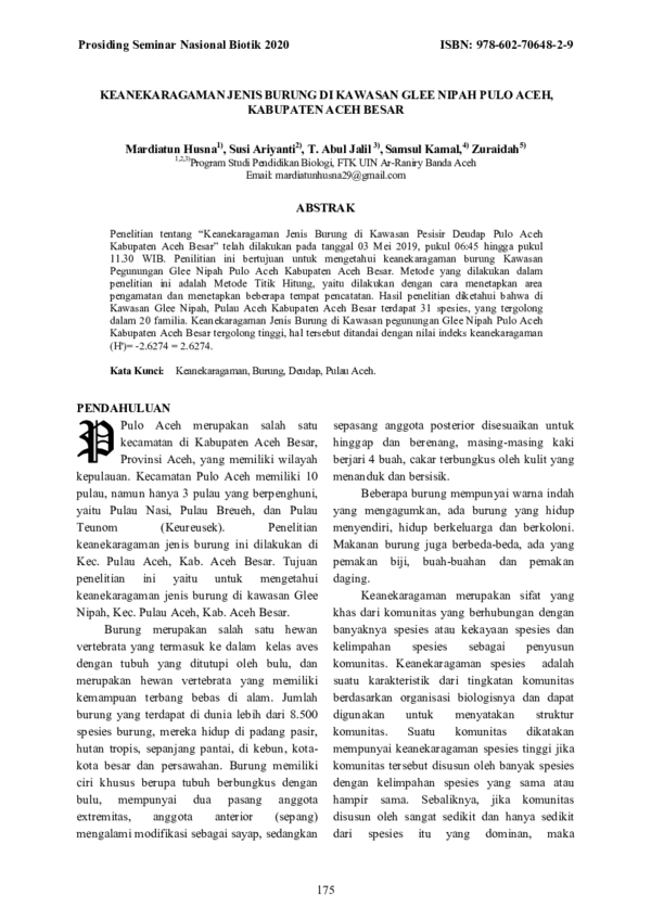 (PDF) Keanekaragaman Jenis Burung DI Kawasan Glee Nipah Pulo Aceh, Kabupaten Aceh Besar | T ...