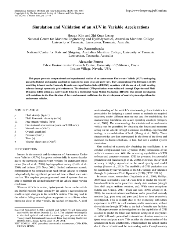 Pdf Simulation And Validation Of An Auv In Variable Accelerations
