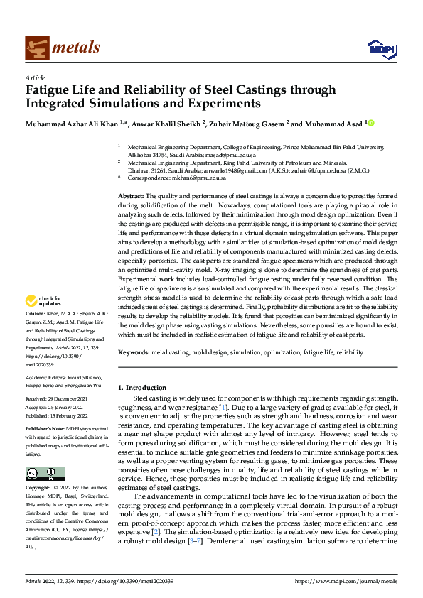 (PDF) Fatigue Life and Reliability of Steel Castings through Integrated Simulations and Experiments