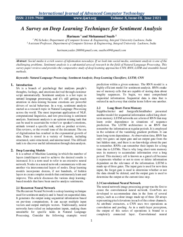 Pdf A Survey On Deep Learning Techniques For Sentiment Analysis
