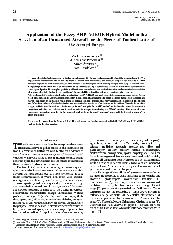 (PDF) Application of the Fuzzy AHP -VIKOR hybrid model in the selection of an unmanned aircraft ...