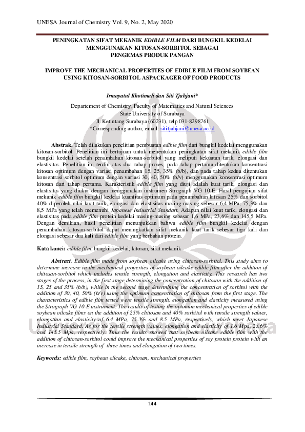 (PDF) Peningkatan Sifat Mekanik Edible Film Dari Bungkil Kedelai Menggunakan Kitosan-Sorbitol ...