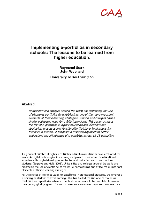 (PDF) CAA 2011: Implementing e-portfolios in secondary schools: the ...