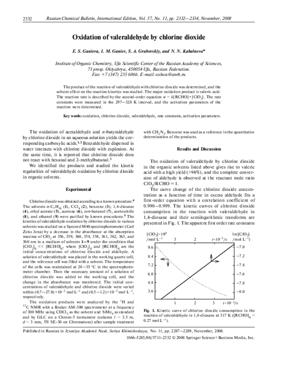 (PDF) Oxidation of valeraldehyde by chlorine dioxide