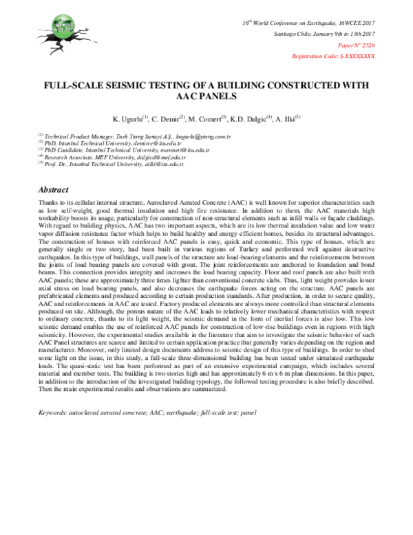 (PDF) Full-Scale Seismic Testing of a Building Constructed with Aac Panels