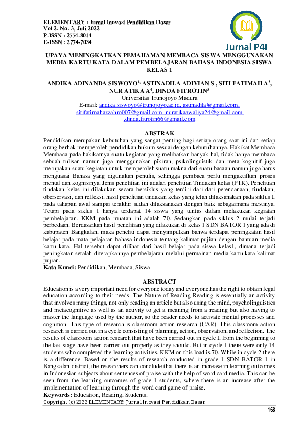 (PDF) Upaya Meningkatkan Pemahaman Membaca Siswa Menggunakan Media Kartu Kata Dalam Pembelajaran ...