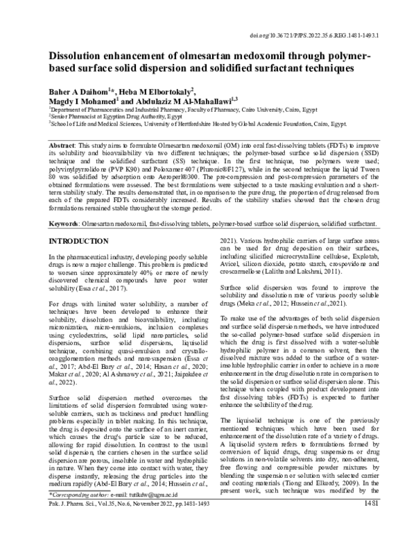 (PDF) Dissolution enhancement of olmesartan medoxomil through ...