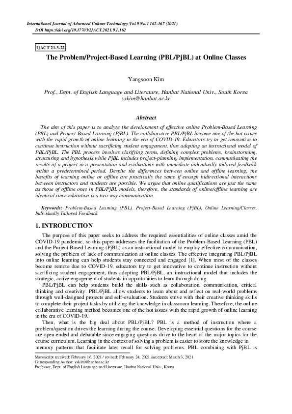 (PDF) The Problem/Project-Based Learning (PBL/PjBL) at Online Classes