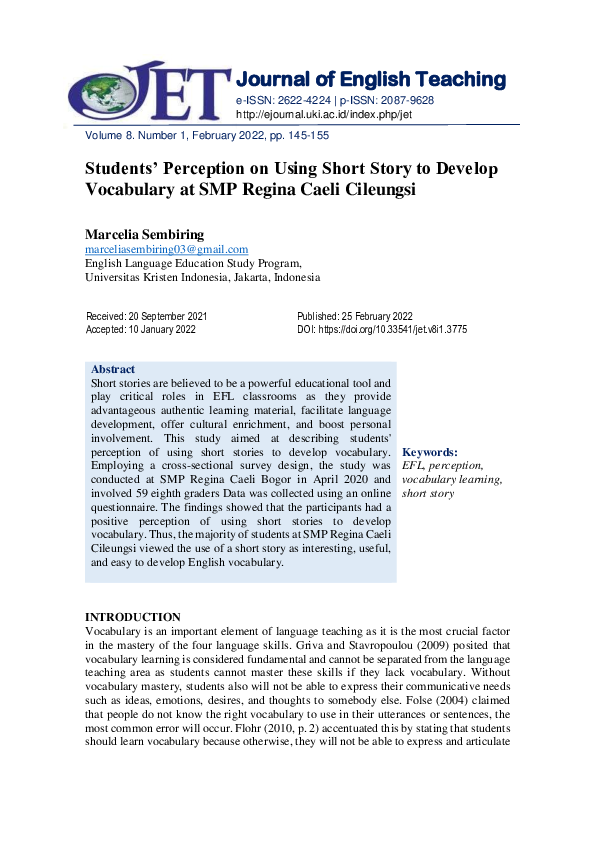 (PDF) Students’ Perception on Using Short Story to Develop Vocabulary ...