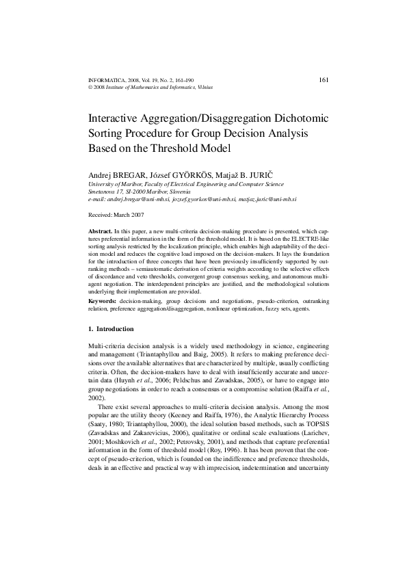 Pdf Interactive Aggregation Disaggregation Dichotomic Sorting Procedure For Group Decision