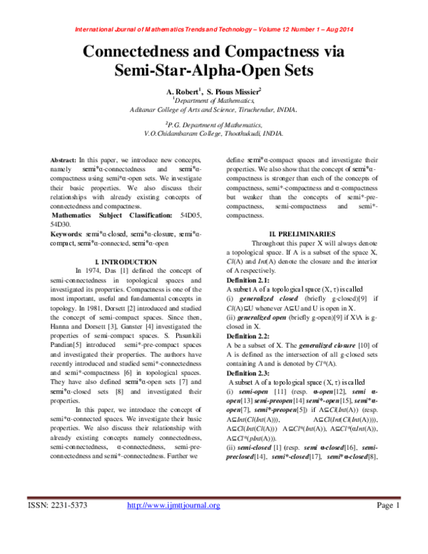 (PDF) Connectedness and Compactness via Semi-Star-Alpha-Open Sets | pious missier - Academia.edu