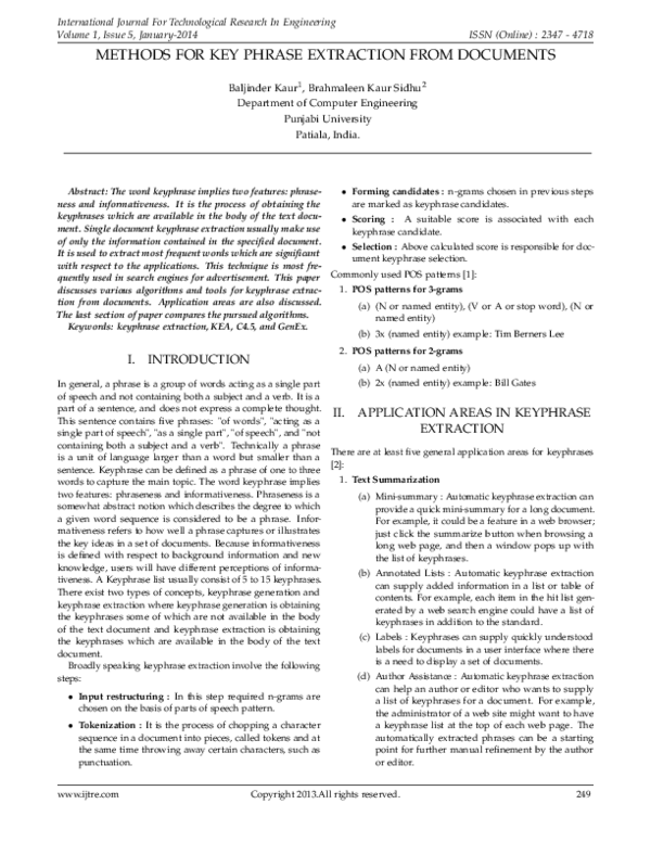 (PDF) Methods for Key Phrase Extraction from Documents
