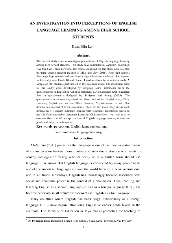 (PDF) AN INVESTIGATION INTO PERCEPTIONS OF ENGLISH LANGUAGE LEARNING AMONG HIGH SCHOOL STUDENTS