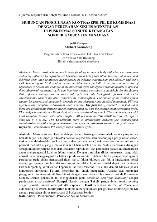 (PDF) Hubungan Penggunaan Kontrasepsi Pil KB Kombinasi Dengan Perubahan Siklus Menstruasi DI ...