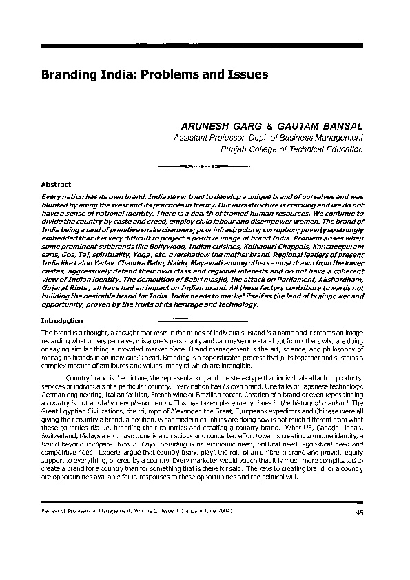 (PDF) Branding India: Problems and Issues
