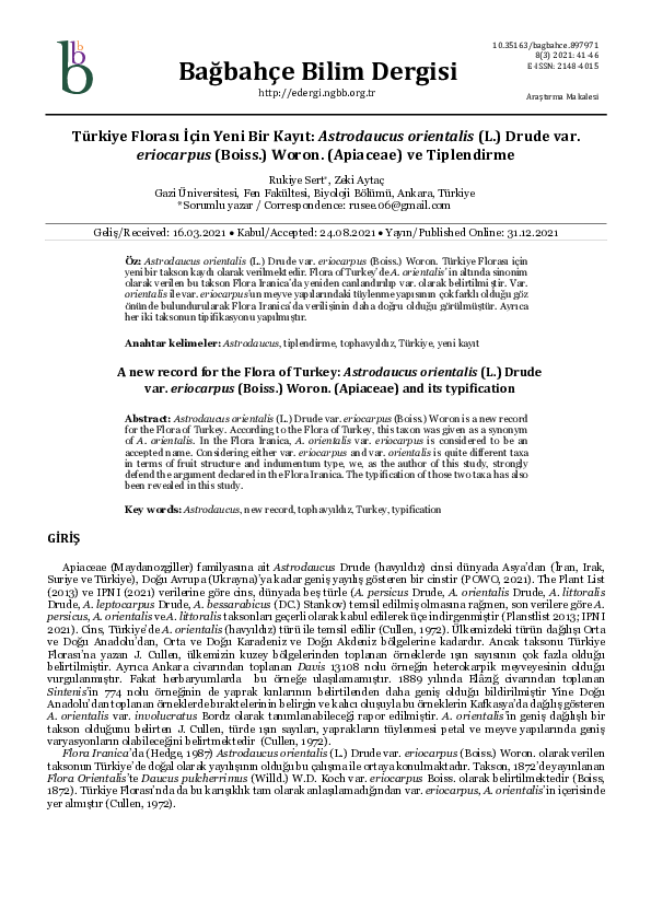 (PDF) Türkiye Florası İçin Yeni Bir Kayıt: Astrodaucus orientalis (L ...