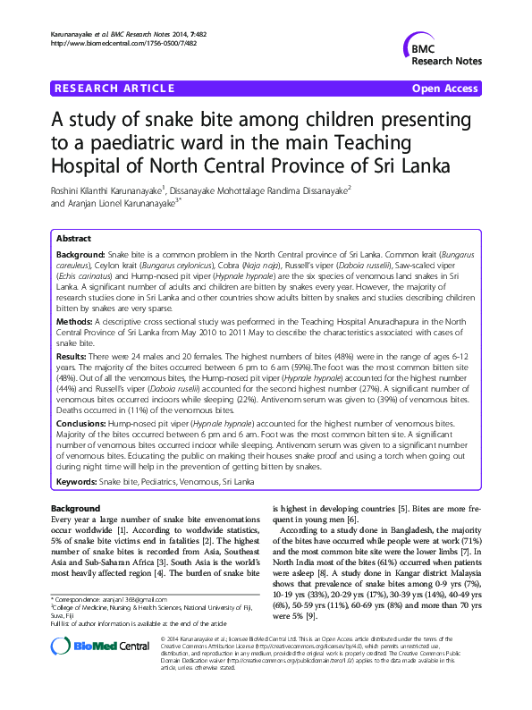 (PDF) A study of snake bite among children presenting to a paediatric ward in the main Teaching ...