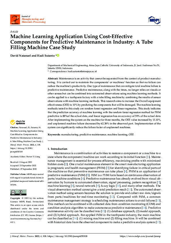 (PDF) Machine Learning Application Using Cost-Effective Components for Predictive Maintenance in ...