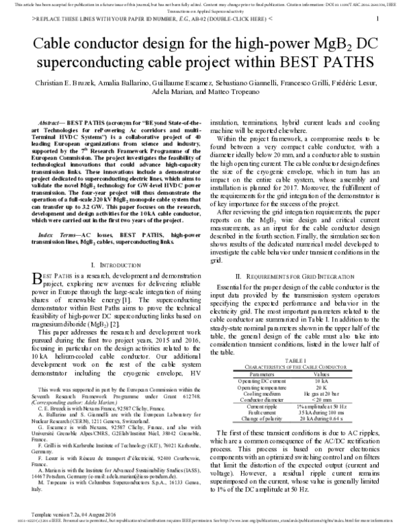 (PDF) Cable Conductor Design for the High-Power MgB2 DC Superconducting ...