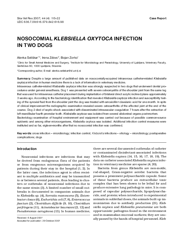 (PDF) Nosocomial Klebsiella oxytoca infection in two dogs
