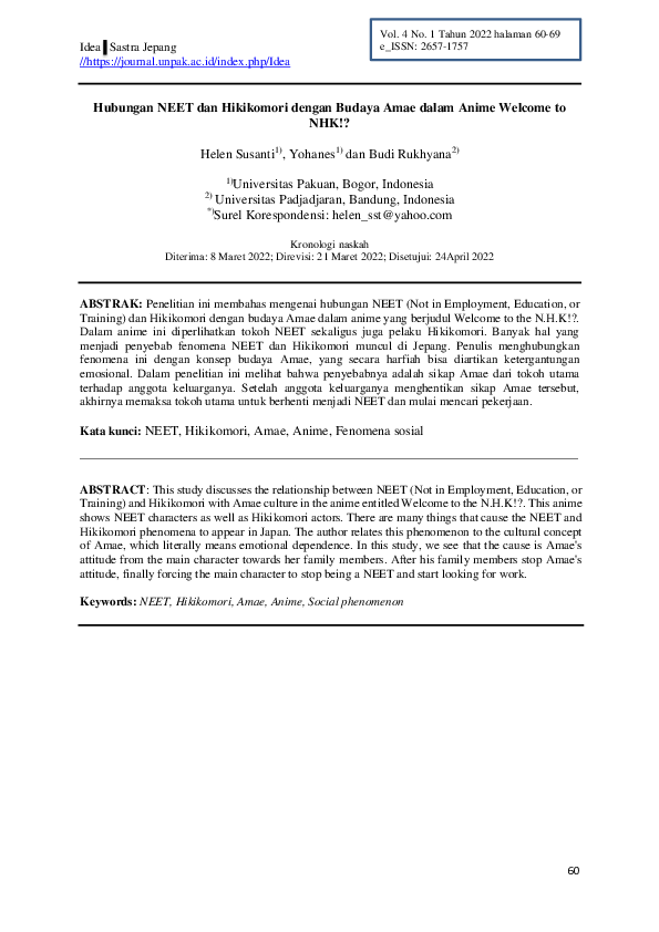 (PDF) Hubungan NEET dan Hikikomori dengan Budaya Amae dalam Anime ...