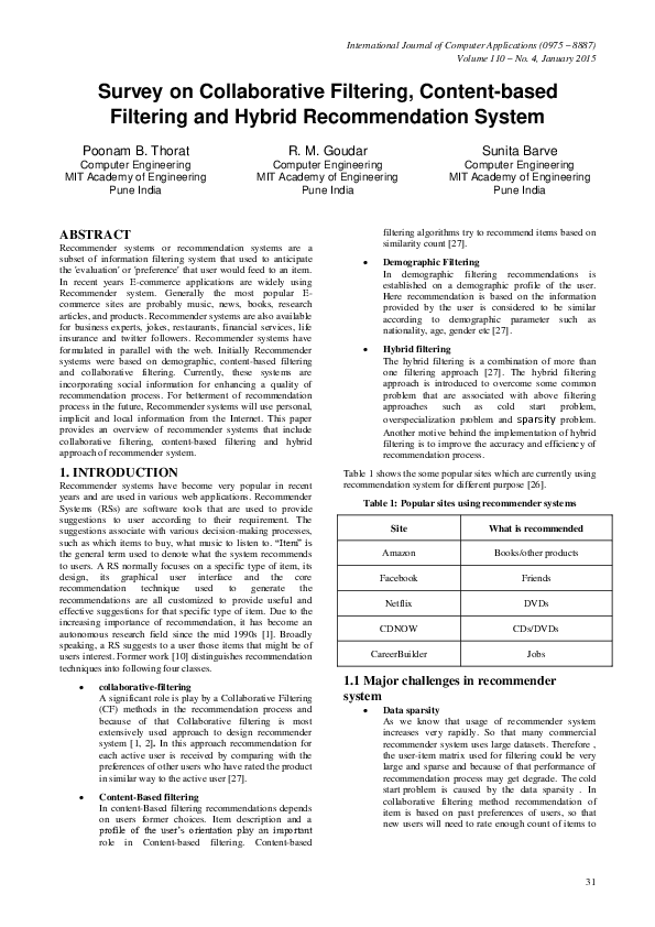 Pdf Survey On Collaborative Filtering Content Based Filtering And Hybrid Recommendation System