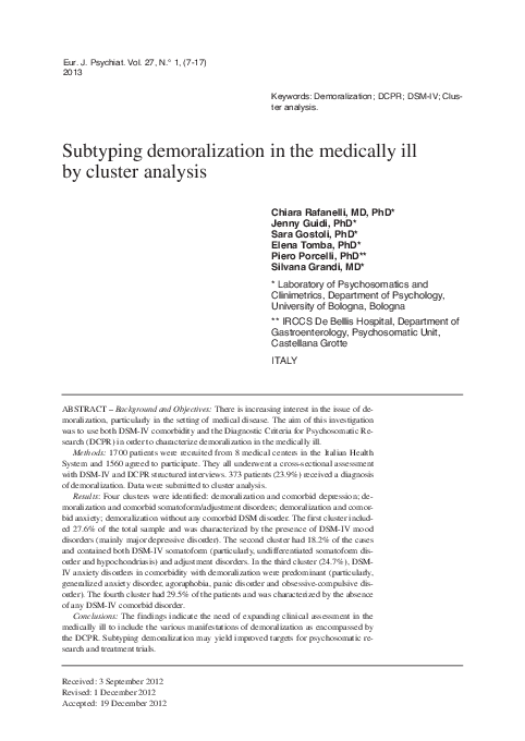 (PDF) Subtyping demoralization in the medically ill by cluster analysis