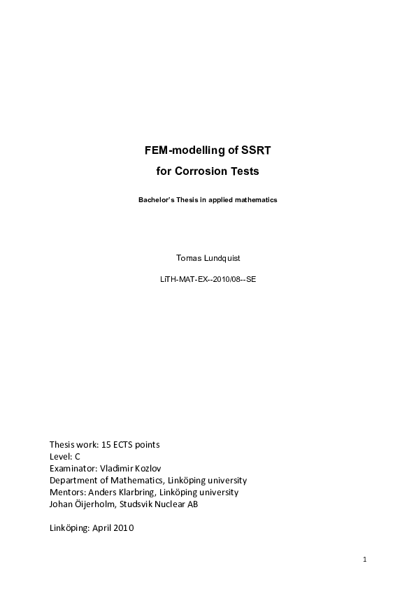 Pdf Fem Modelling Of Ssrt For Corrosion Tests Tomas Lundquist