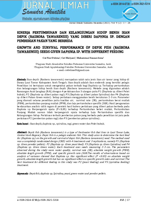 (PDF) Kinerja Pertumbuhan dan Kelangsungan Hidup Benih Ikan Depik ...