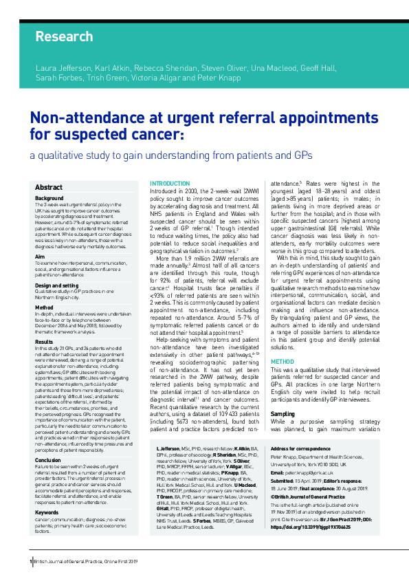 (PDF) Non-attendance at urgent referral appointments for suspected ...