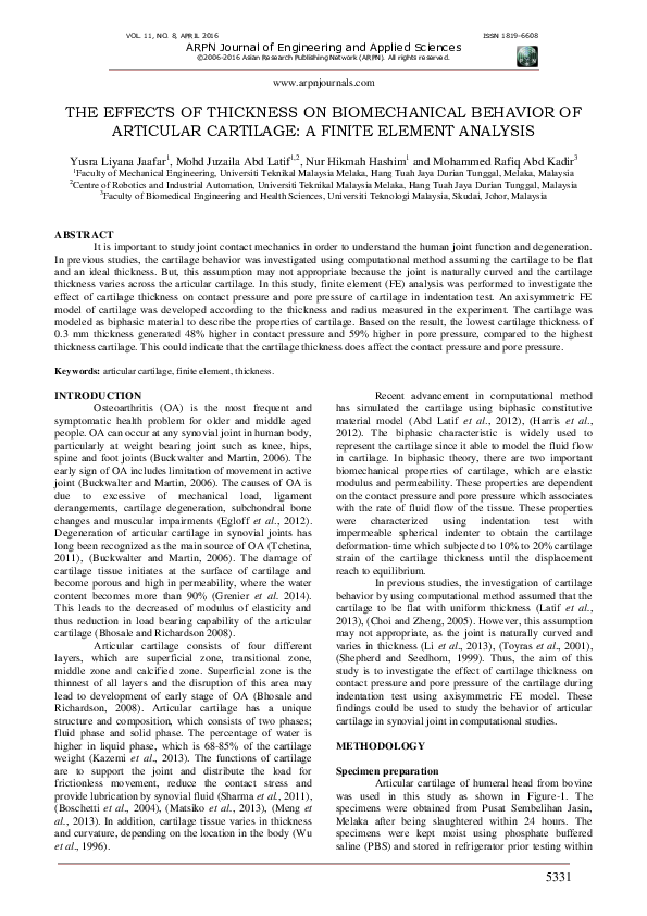 (PDF) The Effects of Thickness on Biomechanical Behavior of Articular Cartilage: A Finite ...