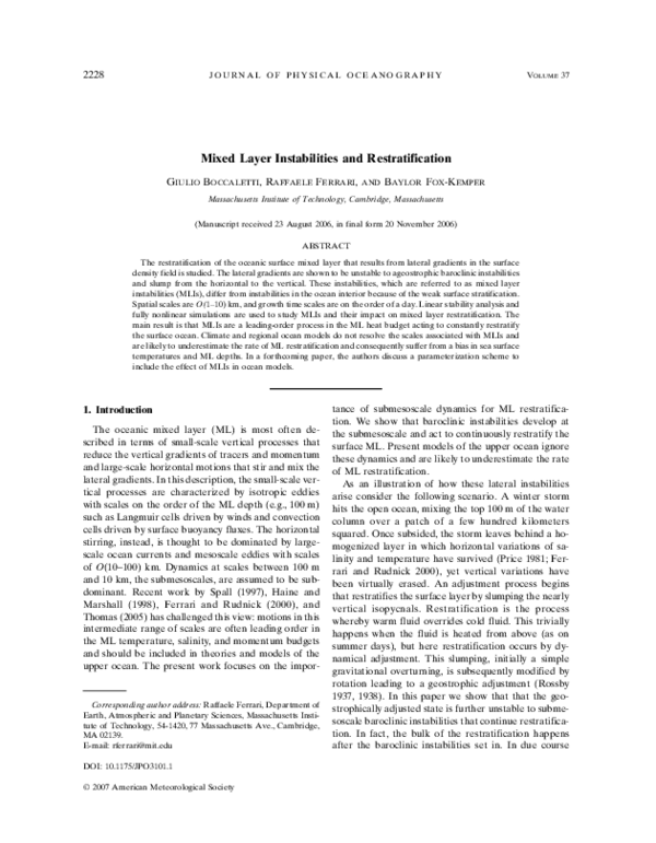 (PDF) Mixed Layer Instabilities and Restratification