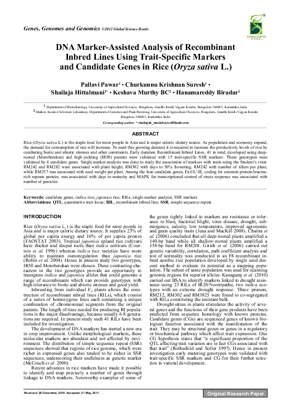 (PDF) DNA Marker-Assisted Analysis of Recombinant Inbred Lines Using Trait-Specific Markers and ...