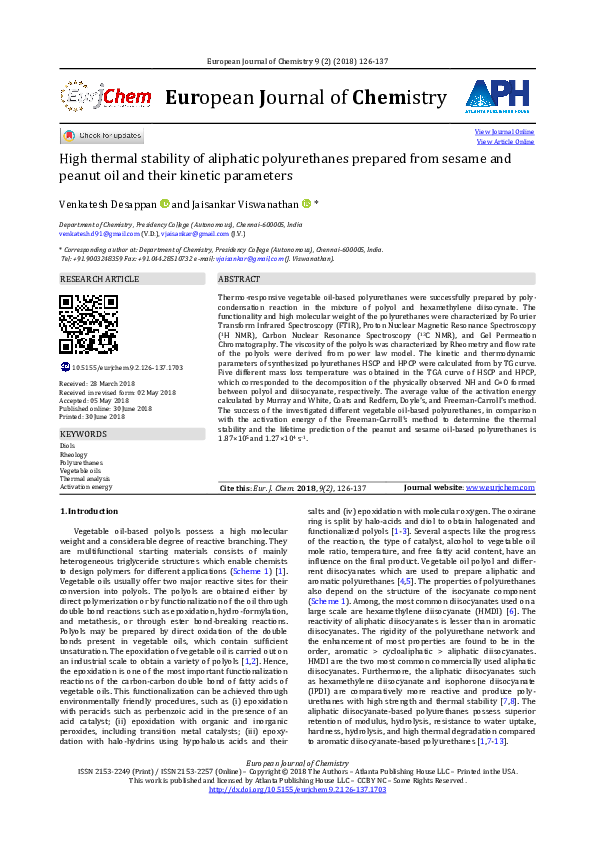 (PDF) High thermal stability of aliphatic polyurethanes prepared from sesame and peanut oil and ...