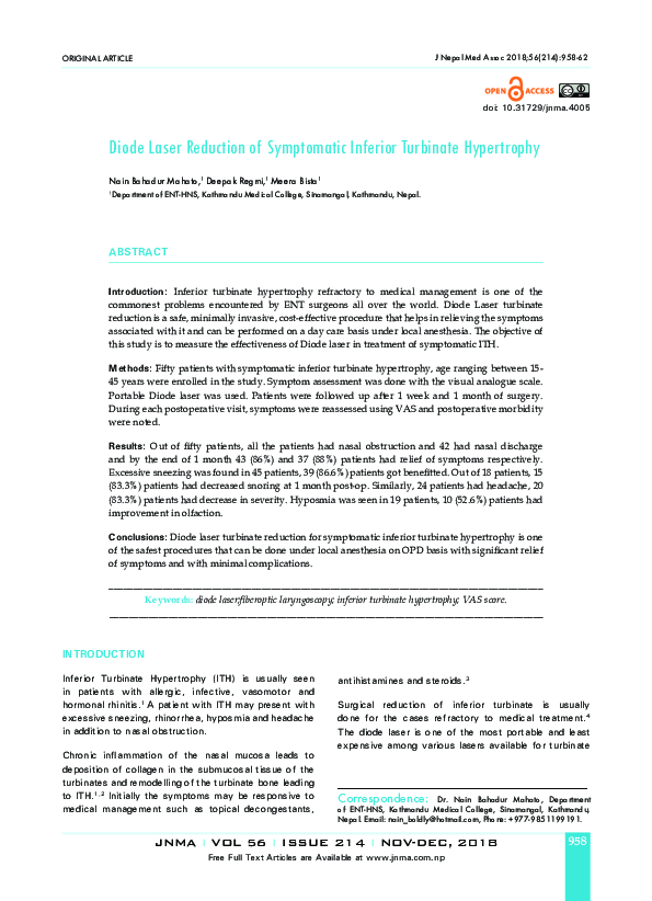 (PDF) Diode Laser Reduction of Symptomatic Inferior Turbinate Hypertrophy