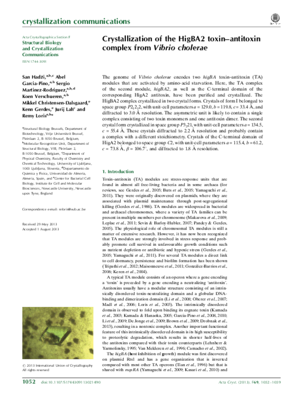 (PDF) Crystallization of the HigBA2 toxin–antitoxin complex fromVibrio ...