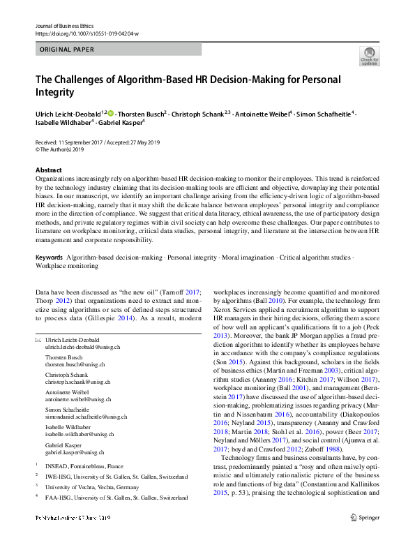 (PDF) The Challenges of Algorithm-Based HR Decision-Making for Personal Integrity