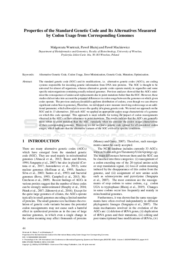 (PDF) Properties of the Standard Genetic Code and Its Alternatives ...
